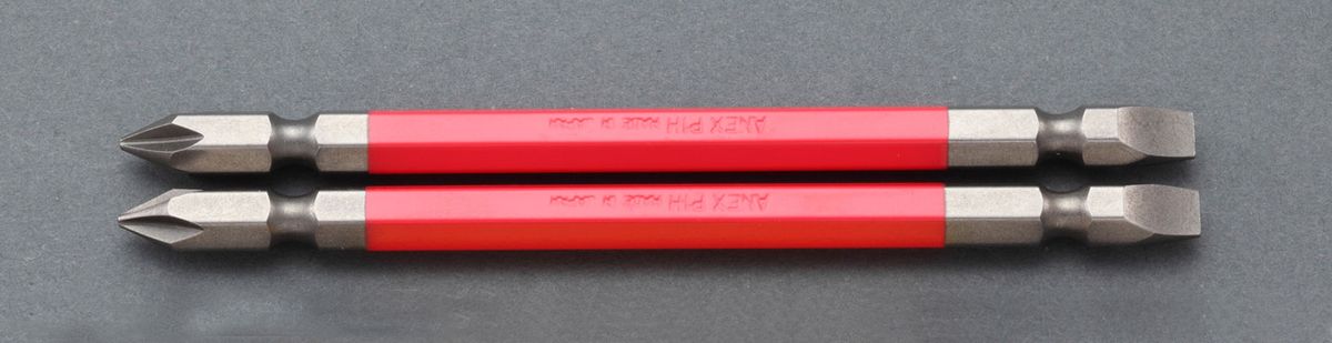 ●全長…110mm●カラー…赤●六角シャンク…1/4”（6.35mm）●先端サイズ…(+)1×(-)5mm●ビット材質…クローム・モリブデン・バナジウム鋼●入数…2本充電・電動・エアドライバー対応(インパクト含む)(+)(-)の両頭ビット。...
