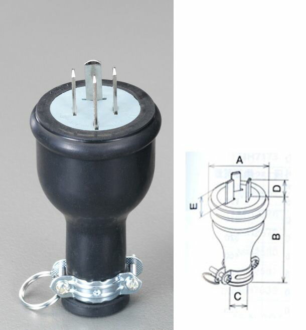 ●定格:15A 250V●適用電線:1.25・2mm2●プラグ:3P（接地）●サイズ:A:φ48mm B:80mm C:φ12-14mm D:17mm E:20mm●全長:97mm防水プラグセフティーワッシャー付RoHS対応品0000122...
