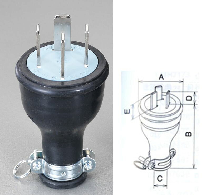 ●定格:30A 250V●適用電線:5.5・8mm2●プラグ:3P（接地）●サイズ:A:φ69mm B:100mm C:φ16.5-19.5mm D:30mm E:33mm●全長:130mm防水プラグRoHS対応品000012242257 HD　