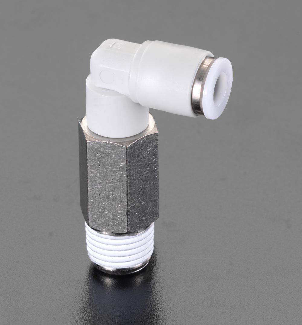 ●材質:真鍮、樹脂(PBT)●使用流体:空気●使用圧力:0-1MPa(0-10kgf//cm2)●使用温度:-15-60°C●チューブ外径:10mm●取付ねじ:R（PT）3/8"000012002307 HD