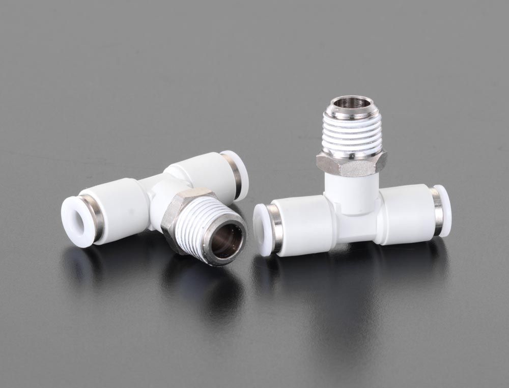 ●材質:樹脂(PBT)、真鍮●使用温度:-15-60°C●使用流体:空気●使用圧力:0-1MPa(10kgf//cm2)●チューブ外径:8mm●取付ねじ:R（PT）1/4"●入数:2個000012002363 HD　