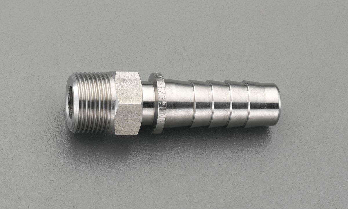 ●材質:ステンレス（SUS304）●使用温度:蒸気:210°C以下、水:120°C以下●最高使用圧力:1.8MPa(18kgf//cm2）●ねじサイズ:R（PT）3/4"●適合ホース内径:19mm●全高:91mm●六角対辺:27mm●重量:...