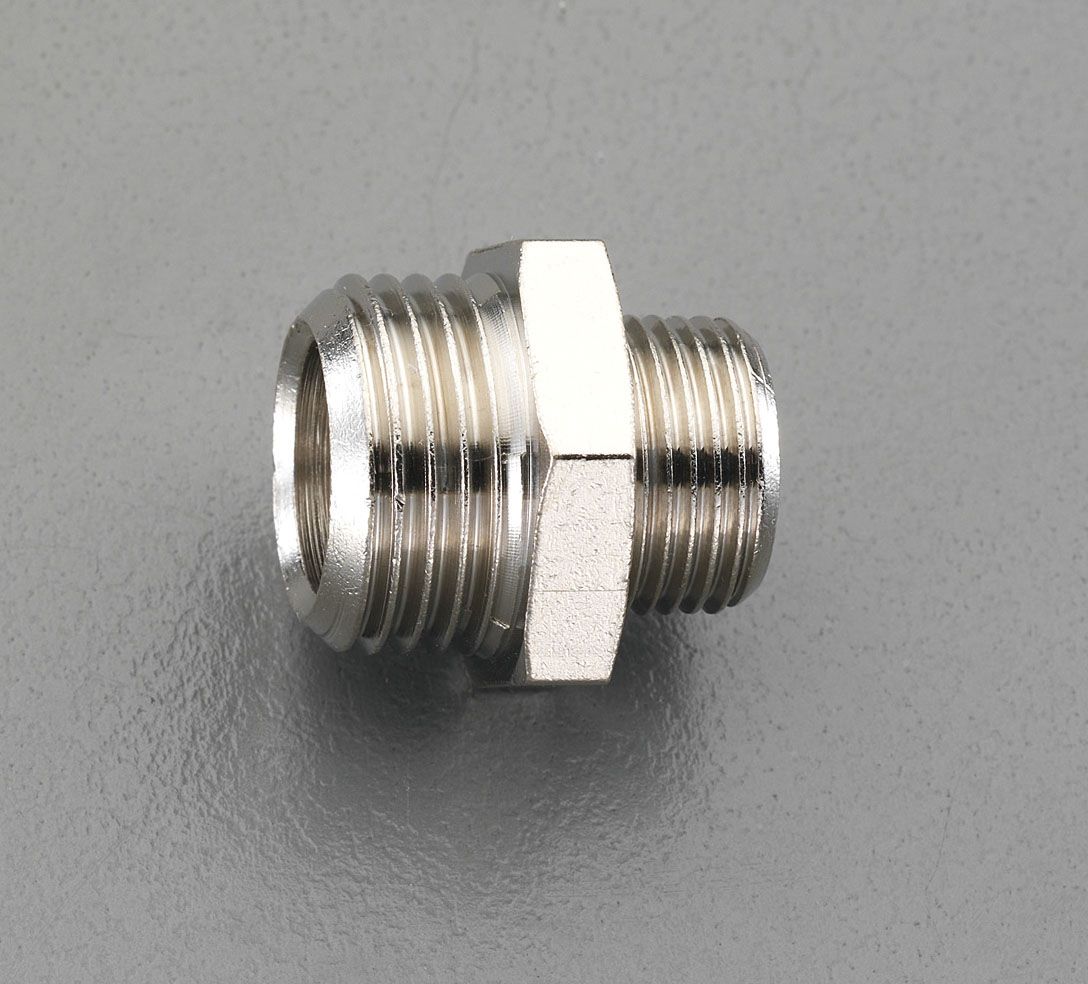●材質:真鍮（ニッケルメッキ）●最高使用圧力:0.78MPa（8kgf//cm2）●ねじ径:G（PF）1/8"×G（PF）3/8"●ねじ有効長:6×9mm●六角対辺:19mm●全長:20.2mm●重量:約20g000012236111 HD　