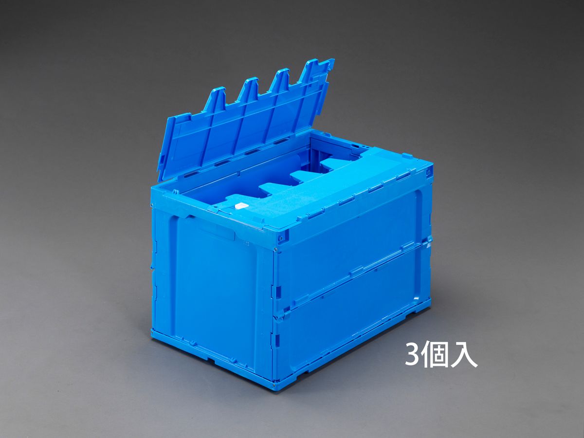 ●容量:92.2L●サイズ（外寸）:649×440×419（H）mm●サイズ（内寸）:600×406×390（H）mm●カラー:ブルー●材質:ポリプロピレン●入数:3個●折りたたみ時全高:91mm●重量:4,230g（1個当たり）積み重ね可...