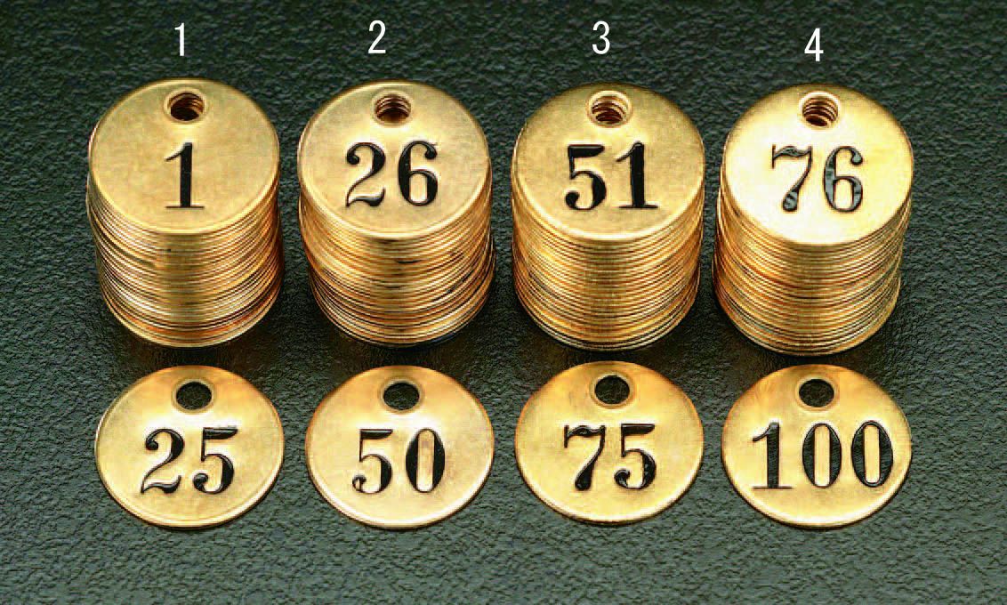●材質:真鍮●穴径:4mm●直径:25mm●厚さ:1mm●重量:100g/25枚●ナンバー:101-125キー管理用プレート(ホテル・倉庫・機材室等)印字は片面のみです。入数は25枚1セット入です。000012014036楽天 HD店　