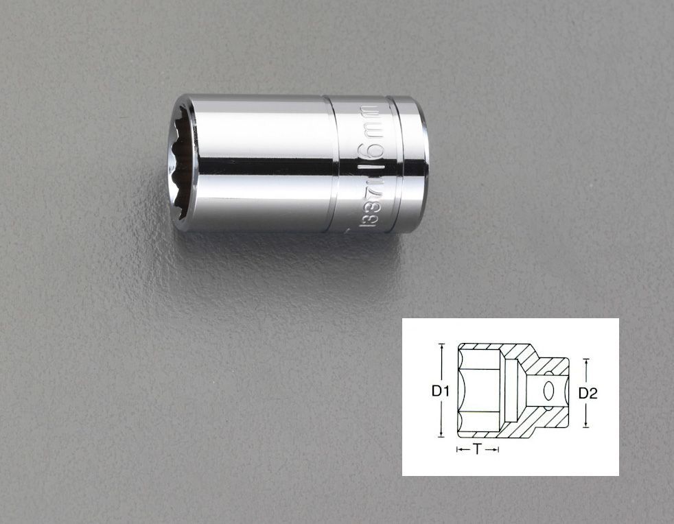●対辺…17mm●差込角…1/2”●全長…38mm●寸法…D1：24mm D2：24mm T：15mm表面は美しいミラー仕上げボルト・ナットを傷めにくい面接触タイプ12ポイント000012238764楽天 HD店　