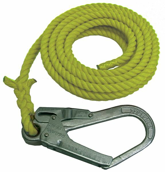 サイズ：φ12mm×8m引張強度：約12.2kN（ロープ）カラー：黄材質：ロープ：ポリエステルスパン フック：スチールフック開口幅：50mmフック線径：約7.5mm重量(g)：1350クレーン作業時の吊り荷の安全誘導に。大口径（50mm）フ...