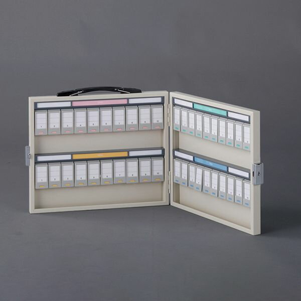 キーハンガー数：40個サイズ(mm)：330×40×270重量：1.8kg材質：本体：スチール メラミン焼付塗装キーホルダー ハンガー部材：スチロール樹脂ホルダー色：ピンク、黄、緑、青シリンダーロック付取付けネジ付ホルダーの色がカラー分けさ...