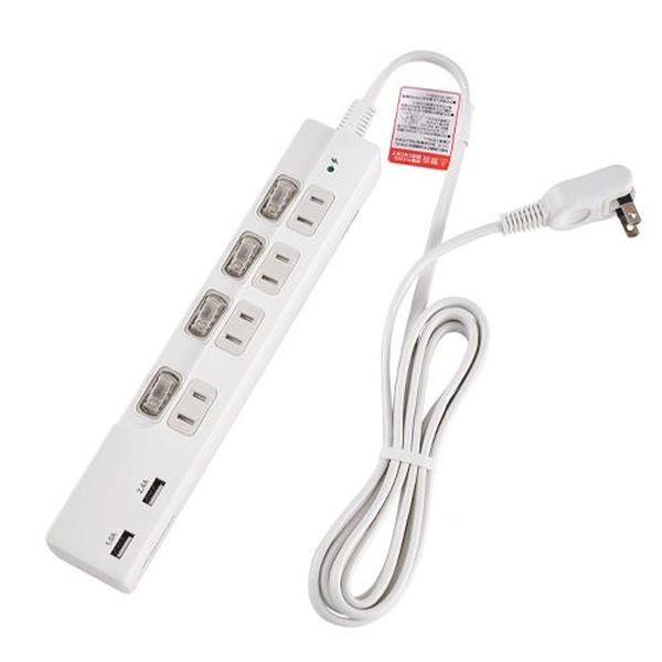 ●サイズ…44×250×27mm●コード長…2m●使用温度範囲…−10℃〜40℃●材質…本体：難燃性ABS樹脂●プラグ…2P●AC差込口●定格…14A・100V(1400W)●コンセント…2P×4口●USBポート●USB出力（A）…DC5V...