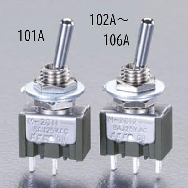 ●極数…単極双投●スイッチ特性…ON-〈ON〉●接点容量…6A　125V　AC3A　250V　AC4A　30V　DC●パネルカット…6.5mm●端子形状…ハンダ端子●接触抵抗…10mΩ以下●接点仕様…銀●使用温度範囲…-30〜85℃●操作部...