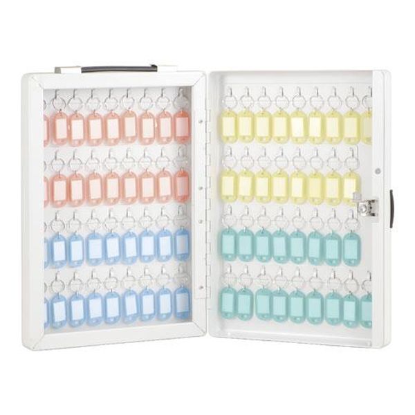 ●キーハンガー数…70個●サイズ(mm)…258×65×372(H)●重量…2.5kg●材質…本体：スチール、ABS樹脂、PVCキーホルダー：ポリプロピレン●付属品…キーホルダー70個（赤18個・青18個・黄17個・緑17個）、シリンダーキ...