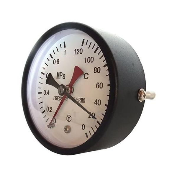 ●圧力(MPa)…0〜1.0●ゲージ径(mm)…φ100●感温部サイズ…φ8×100mm●接続…R1/2”●測定温度範囲…0〜120℃●ケース材質…ABS樹脂●材質…取付ネジ：C3604BD感温部：SUS304●測定目盛…1目盛5℃1目盛0...