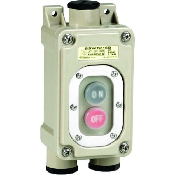 ・防雨形タイプです。・保護構造IP65(JIS C 0920)です。・電気用品安全法適合品です。・動力用押ボタンスイッチON、OFF。・ボタン数：2・ボタン文字：ON OFF・最大適用電動機容量：三相200/220V-2.2kW　三相400...