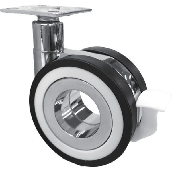・車輪中央部が空洞になっているデザイン性の高いキャスターです。・ほこりなどが溜まりにくい形状にもなっています。・シェルフ箪笥、ワイヤ家具、イス、デザインカートのホイールに使われます。・車輪径D(mm)：75・タイプ：自在式(ストッパー付)・...