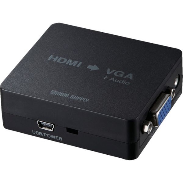 ・HDMI信号をVGAアナログ信号に変換するアダプターです。・HDMI信号に含まれるデジタル音声から3.5mmステレオアナログ音声信号へ変換し出力することもできます。・USB給電で動作するUSBバスパワー方式なので、モバイル環境でも設置が簡...