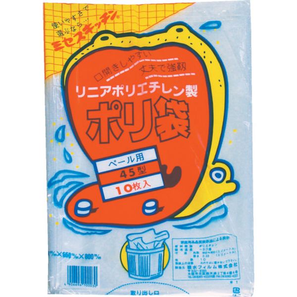 ・強度が強いポリ袋です。・縦(mm)：800・横(mm)：650・厚さ(mm)：0.03・容量(L)：45・色：透明・適合本体：45型ペール用ごみ箱・ポリエチレン(PE)・生産国 日本・JANコード 4906696100030・質量 260...