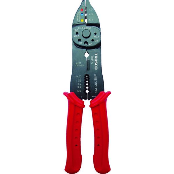 ・絶縁圧着端子の圧着、ボルト・電線の切断、電線の被覆むきがこれ1丁でできます。・自動車整備、配線などの端子圧着に。・全長(mm)：230・圧着端子(［［MM2］］)絶縁端子用：1.25、2、5.5・本体:スチール・グリップ:樹脂・生産国 台...