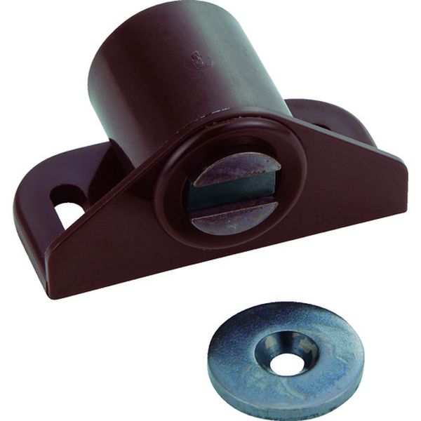 ・吸着面の前後微調整が可能です。・耐衝撃性にも優れています。・色：茶・全長(mm)：37・吸着力(N)：30・受板用推奨サラねじ：2.4mm・本体取付穴寸法：3.2×8mm長穴・本体:樹脂(PA)・受け金具:スチール・受け金具・生産国 日本...