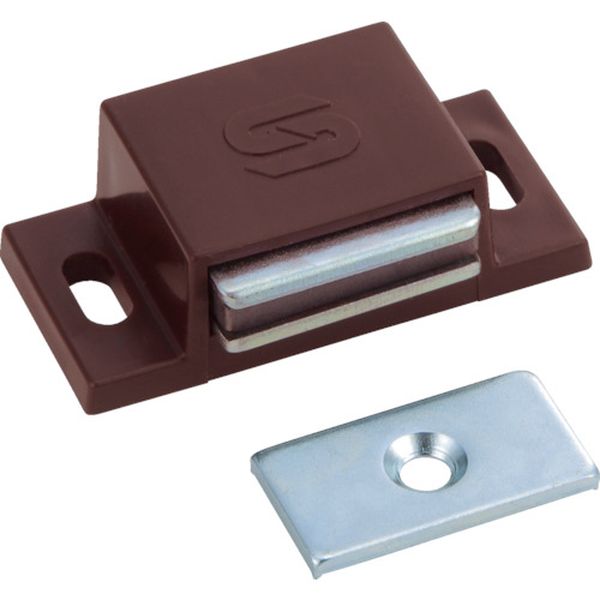 ・シンプル構造で汎用性の高いマグネットキャッチです。・色：茶・全長(mm)：40・吸着力(N)：25・取付ピッチ(mm)：31・幅(mm)：19+(2.2)・厚さ(mm)：12.5・受座有無：有・受板用推奨ねじ：2.4mm・本体取付穴寸法：...