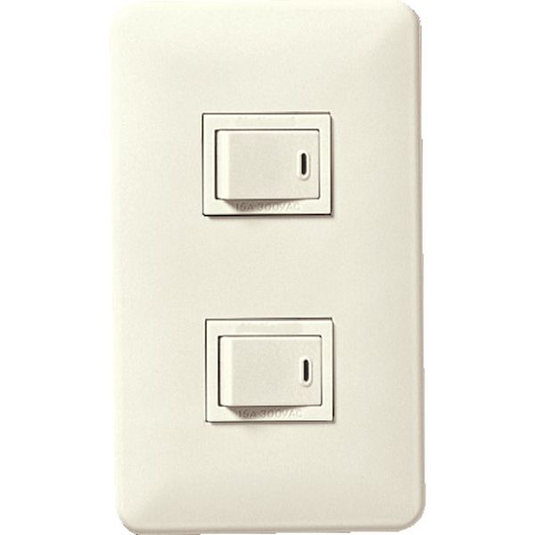 ・片切タイプの埋込ダブルスイッチBです。・定格：15A 300V・スイッチ数：2・幅(mm)：70・長さ(mm)：120・厚さ(mm)：32.5・色：ミルキーホワイト・モダンプレート付・生産国 日本・JANコード 4902710974595...