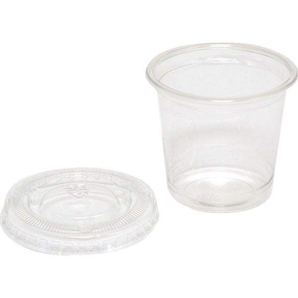 ・透明度の高い高品質PETカップです。・耐油性・耐薬品性に優れています。・フタ付なので、ドレッシングや付け合せのデザート・カットフルーツ、ゼリー等の入れ物として最適です。・容量(ml)：約40・容量(オンス)：1・口径(mm)：45・高さ(...