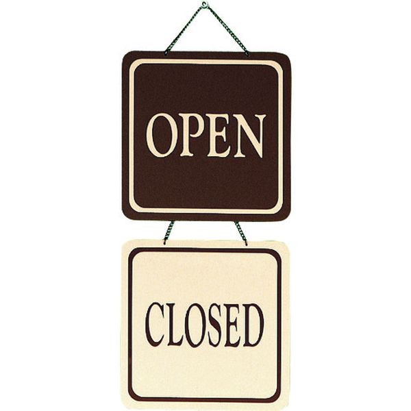・お店の営業標示に適しています。・お店の営業標示に。・表示内容：OPEN-CLOSED・取付仕様：くさり付・縦(mm)：200・横(mm)：200・厚さ(mm)：3・色：ブラウン・タイプ：くさり付・取付方法：掛けタイプ・カットシート貼(ベー...