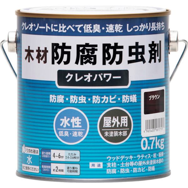 ・低臭・安全でしっかり長持ちします。・色：ブラウン・容量(L)：0.7・乾燥時間：(20℃)：約2時間・塗り重ね回数：2回塗り・塗布面積(［［M2］］)：4〜6平方メートル(畳2.4〜3.6枚)・内容量単位(kg)：0.7・合成樹脂、顔料(...