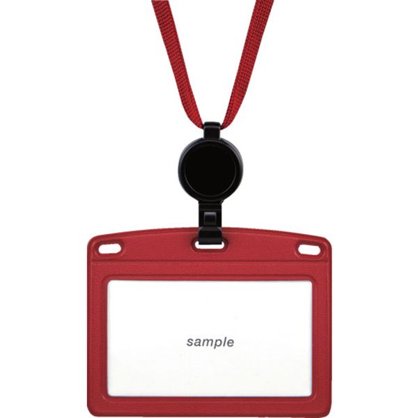・ビジネスカジュアルな服装にも合い、リールタイプでIDカードの読み取りもスマートに行えます。・名札用ケースは高級感のあるレザー調で、名刺等のストックができる2ポケットタイプです。・紐は安全装置、長さ調整付です。・色：赤・中紙サイズ(mm)幅...