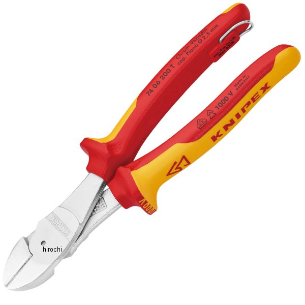 7406-200TBK クニペックス KNIPEX 絶縁強力斜ニッパー 落下防止(BK)ヘッド仕上げ:クロームメッキハンドル仕様:1000V絶縁(VDE絶縁テスト済み)切断面は傘状切断能力(中硬線;φmm):4.2切断能力(硬線;φmm):...