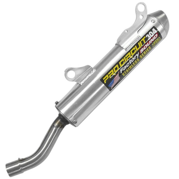 04年-07年 ホンダ CR250R ・パイプ部分:ステンレス・マフラー部分:アルミ・エンド部分：ステンレス・304サイレンサーは、2ストロークに推奨。・やや長めのボディは、R-304に比べて騒音出力が小さくなります。・ブラシ加工されたアル...
