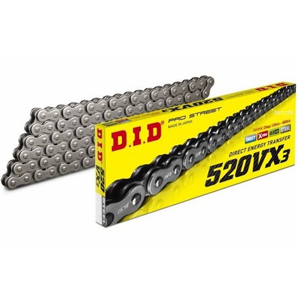 D.I.D 大同工業 チェーン 520VX3 VXシリーズチェーンサイズ:520リンク数:(146L)シールタイプ:X-Ringジョイントタイプ:ZJ(カシメ)カラー:スチール組み立て精度向上により、重量を増加させる事なく、チェーンの剛性を...