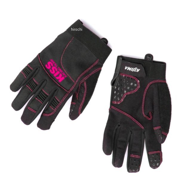 KISS Racing Team メンテナンスグローブサイズ:Lカラー:ブラック／ピンク素材／材質:掌側/耐熱合成皮革、甲／指側面:ツーウェイトリコット付属品:KISSレーシングチームロゴ入りカラビナオートバイのメンテナンスはもちろん、ライ...