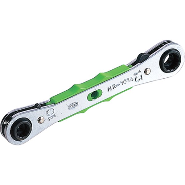 KTC 4サイズ板ラチェットレンチ(スタンダード) 10mmX13mm/12mmX14mm狭い個所での作業が容易な薄型ソケット。力がかけやすく、手にフィットする波型形状のグリップ。作業現場で目を引くグリーン、しかも樹脂製で軽量。MR-101...