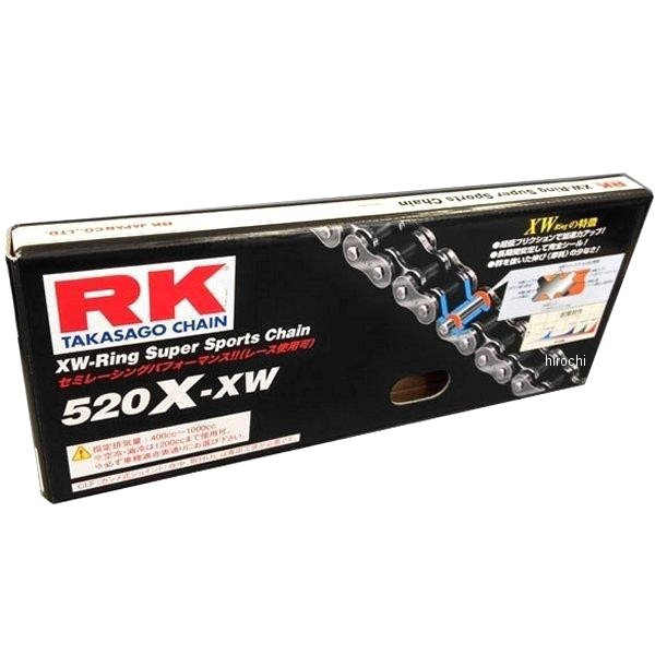 チェ?ン銘柄：520X-XW リンク数：120リンク RKチェ?ン指定排気量：400-1000CC 空冷・油冷は1200CCまで 耐久レベル：☆☆☆☆ 寸法：ピッチ15.875mm、ローラーリング内幅：6.35mm シール：XXWリング ジ...