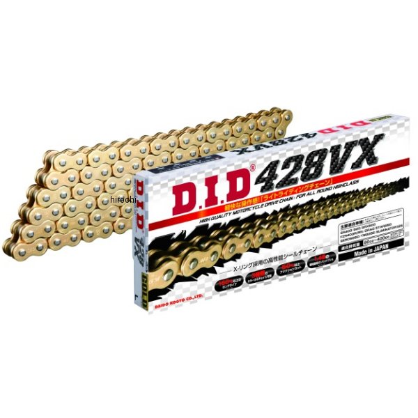 D.I.D 大同工業 チェーン 428VX シリーズチェーンサイズ:428リンク数:(102L)シールタイプ:X-Ringジョイントタイプ:ZJ(カシメ)カラー:ゴールド軽快な操作感をもたらす、ライトライディングチェーン。軽い乗り味「ライト...