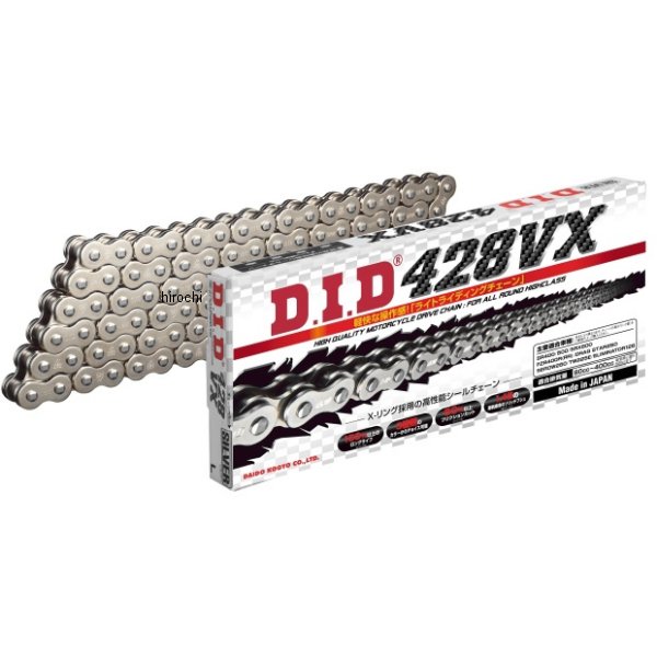 D.I.D 大同工業 チェーン 428VXシリーズチェーンサイズ:428リンク数:(98L)シールタイプ:X-Ringジョイントタイプ:ZJ(カシメ)カラー:シルバー軽快な操作感をもたらす、ライトライディングチェーン。軽い乗り味「ライトライ...