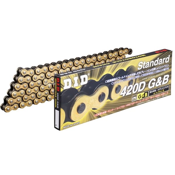 D.I.D 大同工業 チェーン 420D スタンダードシリーズチェーンサイズ:420リンク数:(92L)ジョイントタイプ:RJ(クリップ)カラー:G&B(ゴールド&ブラック)信頼の100％日本製、冷間鍛造ソリッドブシュ採用で耐摩耗性能向上。...
