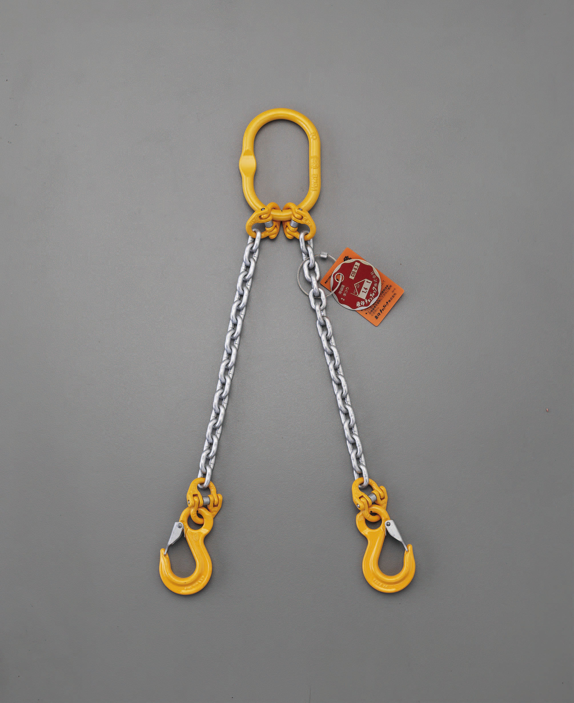 ●使用荷重:0-60°(2.7t)60-90°(2.2t)●全長:2m●マスターリング内径:140×80mm●チェーンサイズ:7.1mm●重量:5.9kg2本吊スチール鋳鉄製スプリングフック(外れ止め付)マスターリング付0000122345...