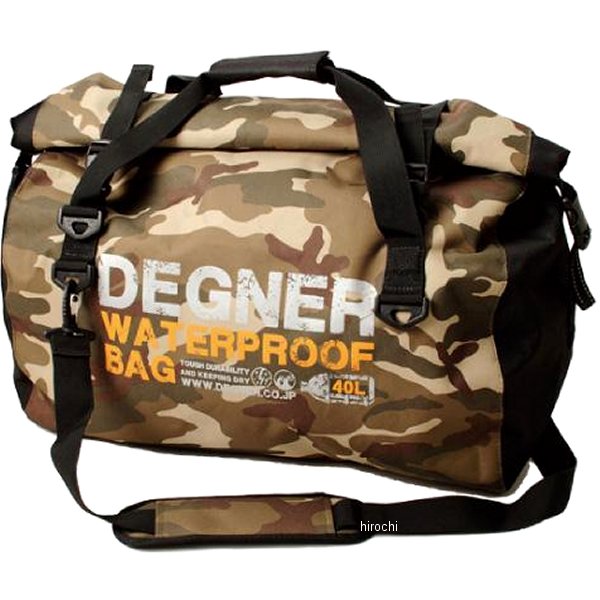 デグナー DEGNER ウォータープルーフ ボストンバッグカラー:カモ/ブラック 素材:ポリエステルサイズ:縦34cm×横50cm×厚み28.5cm容量:40リットル付属品:ツーリングコード 2本、ショルダーベルト外側は摩耗に強いポリエステ...