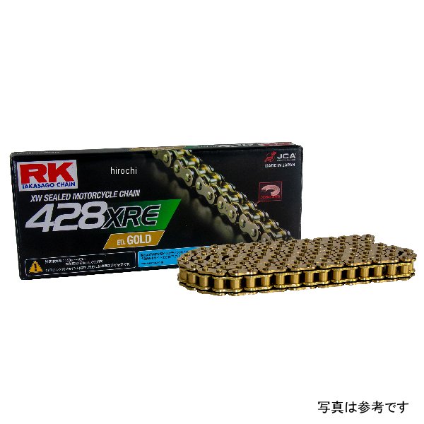RKジャパン チェーン 130L ED GOLDシリーズ：428XREリンク数：130Lカラー：ED GOLD適合排気量：250〜400cc　※単気筒は650ccまで幅広い排気量帯に適合させることを実現した428XRE。「RK」の理想を体現...