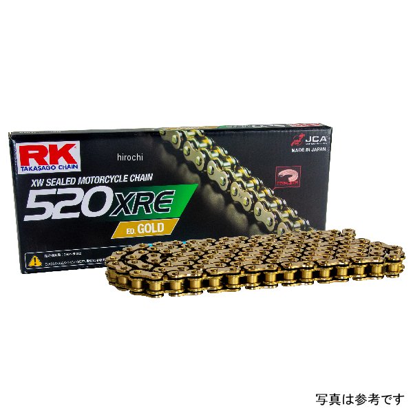 RKジャパン チェーン 100L ED GOLDシリーズ：520XREリンク数：100Lカラー：ED GOLD適合排気量：250〜800cc幅広い排気量帯に適合させることを実現した520XRE。「RK」の理想を体現したモデルの登場!520X...