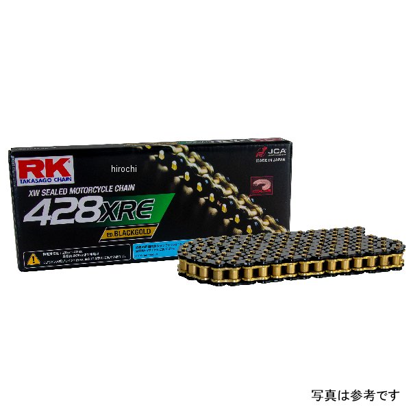 RKジャパン チェーン 120L ED BLACKGOLDシリーズ：428XREリンク数：120Lカラー：ED BLACKGOLD適合排気量：250〜400cc　※単気筒は650ccまで幅広い排気量帯に適合させることを実現した428XRE。...