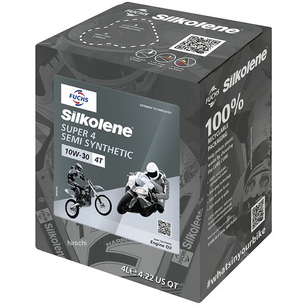 シルコリン SILKOLENE 4st エンジンオイル SUPER 4容量:4L粘度:10W-30規格:JASO MA2半合成4ストロークスポーツバイク用オイル次世代のプレミアムオイル製法であるMC-syn(分子変換化学合成)テクノロジーで...
