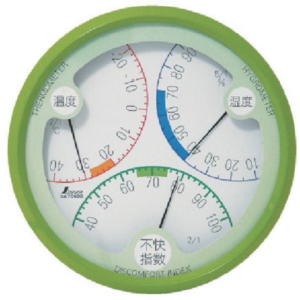 ・快適温度、湿度、不快指数に色がついているので、快適環境になるようにコントロール出来ます。・温度と湿度を同時に測定でき、健康管理や省エネに役立ちます。・温度と湿度の測定・精度(℃)：-20〜40で±2・測定範囲(℃)：-20〜40・本体、目...
