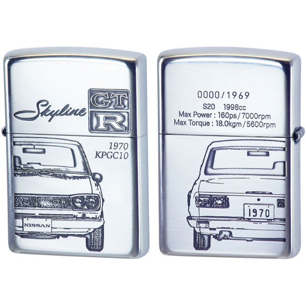 NISSAN 日産 Zippo GTR KPGC10・サイズ:約W35×H55×D13mm・素材:鉄・加工:銀イブシ＋両面エッチング【商品紹介】スカイラインGT-RシリーズZIPPOが登場。エンブレムと車輛を両面エッジング加工で再現。498...
