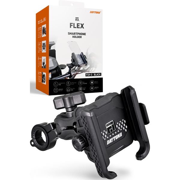 デイトナ バイク用 iPhone16 ProMax スマホホルダー 振動吸収 3D角度調整 ワンアクション 小型 フレックス FSH-3 ブラック左右のアームでガッチリ固定、ワンアクアションで脱着できるバイク用スマートフォンホルダー。【ワン...