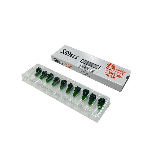 スタンレー STANLEY 28V 40mA T4.2 白熱電球 10個入りガラス形状：T4.2定格：28V 40mA口金：ネオウェッジガラス着色：緑本体サイズ(概寸)：4.2×16入数：10個入※商品画像は参考です。実際の商品と色や形状が...