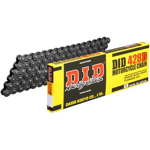 D.I.D 大同工業 チェーン 428D スタンダードシリーズチェーンサイズ:428リンク数:(96L)ジョイントタイプ:RJ(クリップ)カラー:スチール信頼の100％日本製、冷間鍛造ソリッドブシュ採用で耐摩耗性能向上。安定した性能を発揮す...