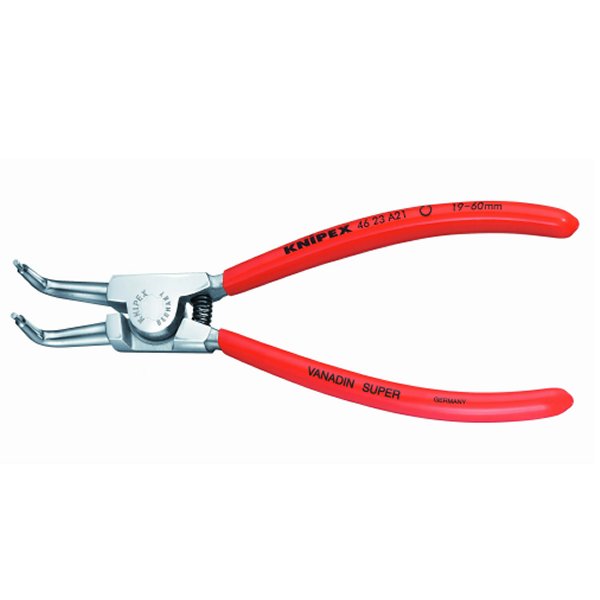 クニペックス 軸用スナップリングプライヤー 曲・長さ(mm)：125・使用範囲(シャフト外径φmm)：3-10・先端の軸径(mm)：0.8直径3-10mmの軸用スナップリングの取り付け、取り外しに鍛造により大変頑丈です。滑りにくい先端チップ...