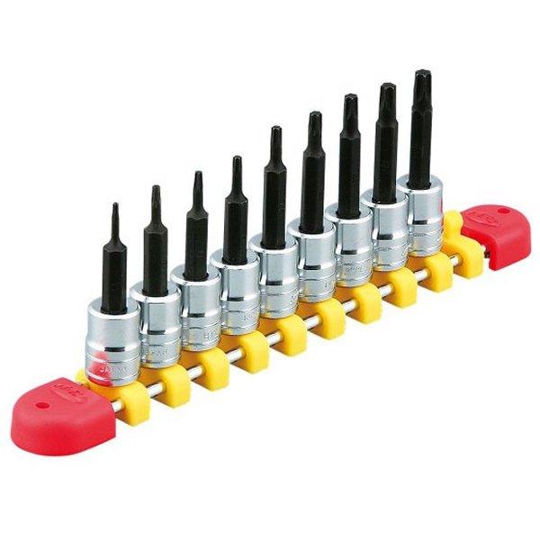 6.3sq.T型トルクスビットソケットセット(9コ組)T型トルクスビットソケット：BT2-T6、T8、T9、T10、T15、T20、T25、T27、T30、ソケットホルダー10コ用：EHB210ビットの交換が可能です。TBT209T-KC楽...